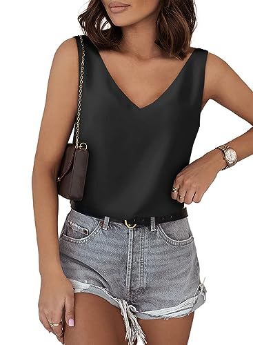 Dokotoo Black Tank Top Women 2023 V Neck Satin Long Flowy Womens Tank Tops Loose Fit Silk Dressy Camisole Black Medium