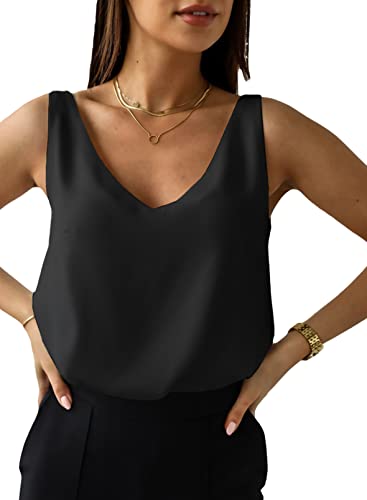 Dokotoo Black Tank Top Women 2023 V Neck Satin Long Flowy Womens Tank Tops Loose Fit Silk Dressy Camisole Black Medium