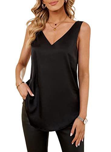 Dokotoo Black Tank Top Women 2023 V Neck Satin Long Flowy Womens Tank Tops Loose Fit Silk Dressy Camisole Black Medium