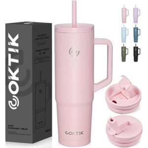 coktik 40 oz tumbler with handle and straw, 3 lids (straw/flip), stainless steel vacuum insulated cup, 40 ounce travel mug,cupholder friendly,keeps water cold,easy to clean (blush)