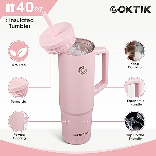 COKTIK 40 oz Tumbler with Handle and Straw, 3 Lids (Straw/Flip), Stainless Steel Vacuum Insulated Cup, 40 Ounce Travel Mug,Cupholder Friendly,Keeps Water Cold,Easy to Clean (Blush)