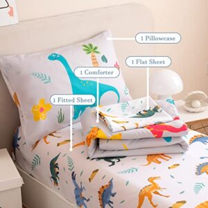 PERFEMET 4-Piece Toddler Bedding Set Cartoon Dinosaur Print Boys Toddler Comforter Reversible Colorful Kids Bed in A Bag Includes Comforter, Fitted Sheet, Flat Sheet and Pillowcase(Grey, Dinosaur)