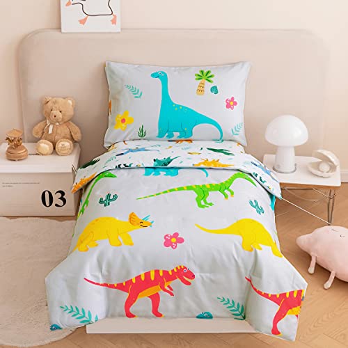 PERFEMET 4-Piece Toddler Bedding Set Cartoon Dinosaur Print Boys Toddler Comforter Reversible Colorful Kids Bed in A Bag Includes Comforter, Fitted Sheet, Flat Sheet and Pillowcase(Grey, Dinosaur)