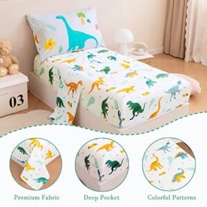 PERFEMET 4-Piece Toddler Bedding Set Cartoon Dinosaur Print Boys Toddler Comforter Reversible Colorful Kids Bed in A Bag Includes Comforter, Fitted Sheet, Flat Sheet and Pillowcase(Grey, Dinosaur)