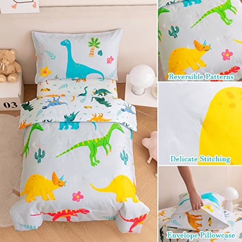 PERFEMET 4-Piece Toddler Bedding Set Cartoon Dinosaur Print Boys Toddler Comforter Reversible Colorful Kids Bed in A Bag Includes Comforter, Fitted Sheet, Flat Sheet and Pillowcase(Grey, Dinosaur)