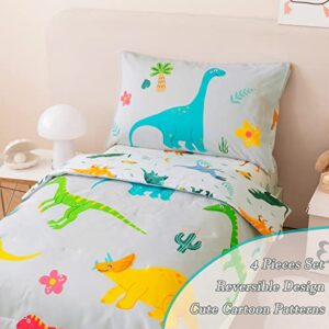 PERFEMET 4-Piece Toddler Bedding Set Cartoon Dinosaur Print Boys Toddler Comforter Reversible Colorful Kids Bed in A Bag Includes Comforter, Fitted Sheet, Flat Sheet and Pillowcase(Grey, Dinosaur)