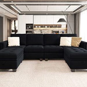 Belffin Velvet U Shaped Sectional Sofa Couch with Storage Ottoman Convertibel Sectional Sofa with Reversible Chaises Black