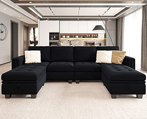 Belffin Velvet U Shaped Sectional Sofa Couch with Storage Ottoman Convertibel Sectional Sofa with Reversible Chaises Black