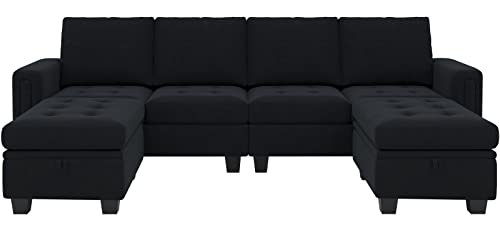 Belffin Velvet U Shaped Sectional Sofa Couch with Storage Ottoman Convertibel Sectional Sofa with Reversible Chaises Black