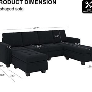 Belffin Velvet U Shaped Sectional Sofa Couch with Storage Ottoman Convertibel Sectional Sofa with Reversible Chaises Black