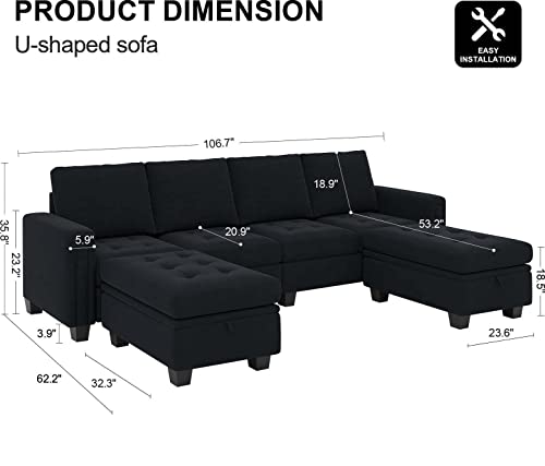 Belffin Velvet U Shaped Sectional Sofa Couch with Storage Ottoman Convertibel Sectional Sofa with Reversible Chaises Black