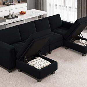 Belffin Velvet U Shaped Sectional Sofa Couch with Storage Ottoman Convertibel Sectional Sofa with Reversible Chaises Black