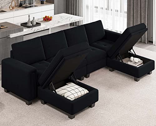 Belffin Velvet U Shaped Sectional Sofa Couch with Storage Ottoman Convertibel Sectional Sofa with Reversible Chaises Black