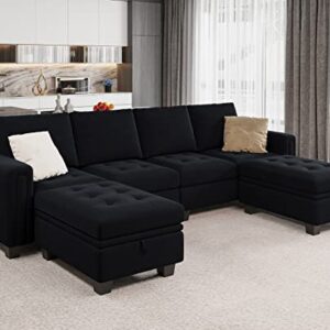 Belffin Velvet U Shaped Sectional Sofa Couch with Storage Ottoman Convertibel Sectional Sofa with Reversible Chaises Black