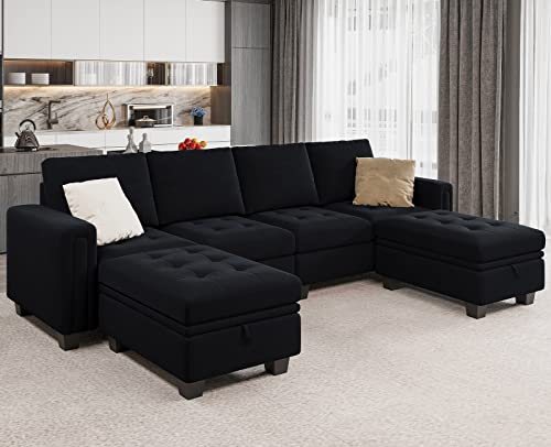 Belffin Velvet U Shaped Sectional Sofa Couch with Storage Ottoman Convertibel Sectional Sofa with Reversible Chaises Black