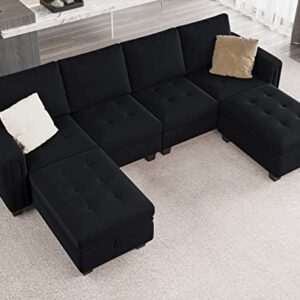 Belffin Velvet U Shaped Sectional Sofa Couch with Storage Ottoman Convertibel Sectional Sofa with Reversible Chaises Black