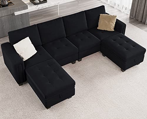 Belffin Velvet U Shaped Sectional Sofa Couch with Storage Ottoman Convertibel Sectional Sofa with Reversible Chaises Black