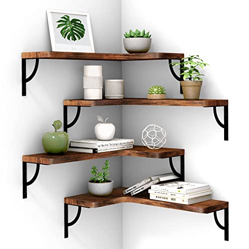 Canupdog Corner Floating Shelf Wall Mount 4 Tier Wood Floating Shelves, Easy-to-Assemble Tiered Wall Storage, Wall Organizer for Bedrooms, Bathrooms, Kitchens, Offices (Rustic Red)