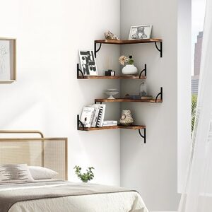 Canupdog Corner Floating Shelf Wall Mount 4 Tier Wood Floating Shelves, Easy-to-Assemble Tiered Wall Storage, Wall Organizer for Bedrooms, Bathrooms, Kitchens, Offices (Rustic Red)