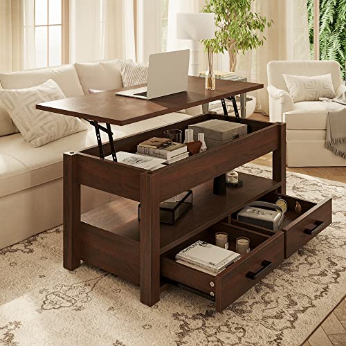 FABATO 41.7'' Coffee Table, Lift Top Coffee Table with Storage Drawers and Hidden Compartment, Retro Central Table with Wooden Lift Tabletop for Living Room, Espresso