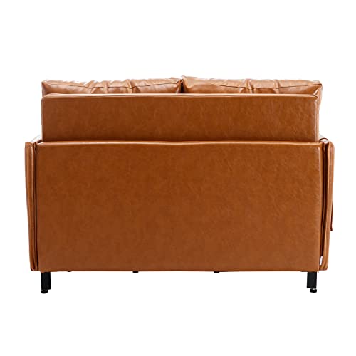 VKKILPEE Modern Pull Out Sofa Bed Convertible Couch Bed PU Sofa Sleeper with 2 Pillows & Side Pockets Small Full Bed Loveseat Futon Couch Sleeper with Headboard, Easy Assembly, Brown