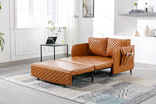 VKKILPEE Modern Pull Out Sofa Bed Convertible Couch Bed PU Sofa Sleeper with 2 Pillows & Side Pockets Small Full Bed Loveseat Futon Couch Sleeper with Headboard, Easy Assembly, Brown