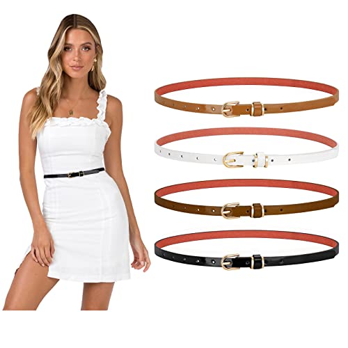 LEACOOLKEY Women Skinny Leather Belt for Dress Jeans Patent Leather Thin Waist Belt with Gold Buckle