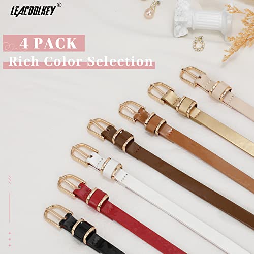 LEACOOLKEY Women Skinny Leather Belt for Dress Jeans Patent Leather Thin Waist Belt with Gold Buckle