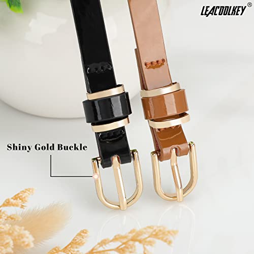 LEACOOLKEY Women Skinny Leather Belt for Dress Jeans Patent Leather Thin Waist Belt with Gold Buckle