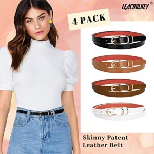 LEACOOLKEY Women Skinny Leather Belt for Dress Jeans Patent Leather Thin Waist Belt with Gold Buckle