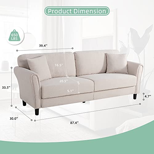 Vongrasig 87.4" Loveseat Sofa, Mid Century Modern Linen Fabric 3-Seater Love Seat Couch with Curved Armrest for Living Room, Bedroom, Apartment and Small Space (Beige)