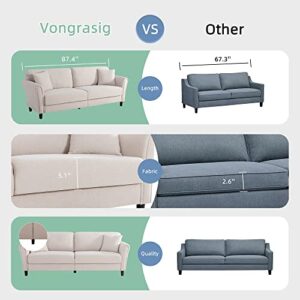 Vongrasig 87.4" Loveseat Sofa, Mid Century Modern Linen Fabric 3-Seater Love Seat Couch with Curved Armrest for Living Room, Bedroom, Apartment and Small Space (Beige)