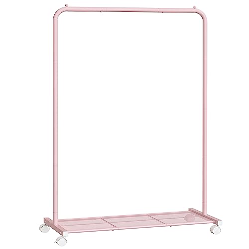 SONGMICS Clothes Rack with Wheels, 36 Inch Garment Rack, Clothing Rack for Hanging Clothes, with Dense Mesh Storage Shelf, 110 lb Load Capacity, 2 Brakes, Steel Frame, Jelly Pink UHSR025P01