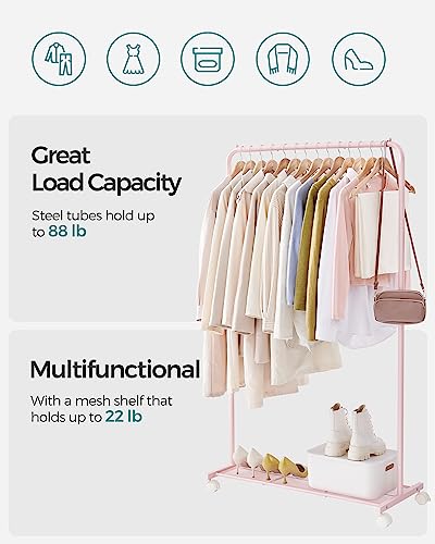 SONGMICS Clothes Rack with Wheels, 36 Inch Garment Rack, Clothing Rack for Hanging Clothes, with Dense Mesh Storage Shelf, 110 lb Load Capacity, 2 Brakes, Steel Frame, Jelly Pink UHSR025P01