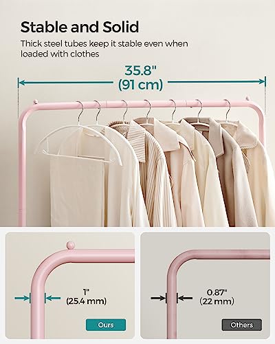 SONGMICS Clothes Rack with Wheels, 36 Inch Garment Rack, Clothing Rack for Hanging Clothes, with Dense Mesh Storage Shelf, 110 lb Load Capacity, 2 Brakes, Steel Frame, Jelly Pink UHSR025P01