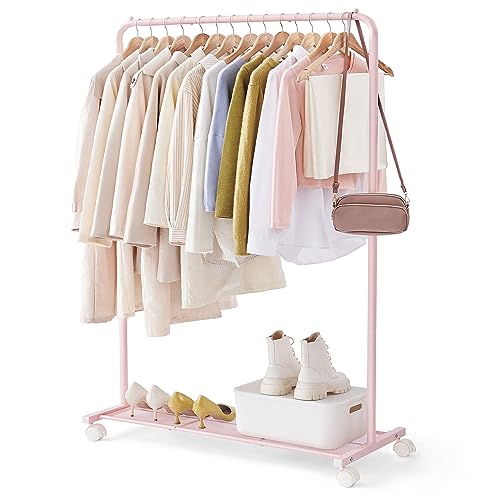 SONGMICS Clothes Rack with Wheels, 36 Inch Garment Rack, Clothing Rack for Hanging Clothes, with Dense Mesh Storage Shelf, 110 lb Load Capacity, 2 Brakes, Steel Frame, Jelly Pink UHSR025P01