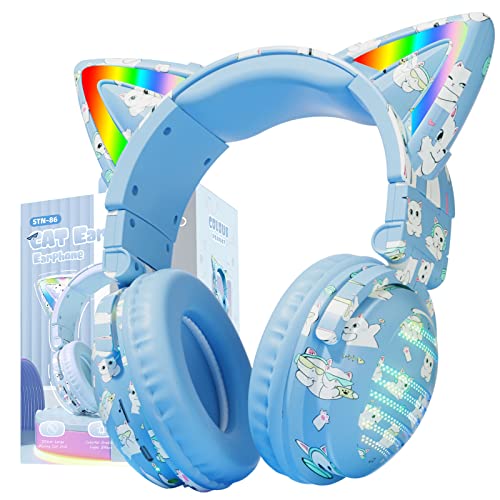 KERHAND 2023-NEW Cosplay Cute Cat Ear Wireless Headphones, Bluetooth Earphones with Foldable LED Light(RGB), Perfect for Gaming and Music,Compatible Phone Tablet or Laptop(Blue)