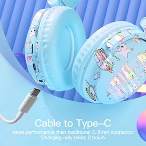 KERHAND 2023-NEW Cosplay Cute Cat Ear Wireless Headphones, Bluetooth Earphones with Foldable LED Light(RGB), Perfect for Gaming and Music,Compatible Phone Tablet or Laptop(Blue)