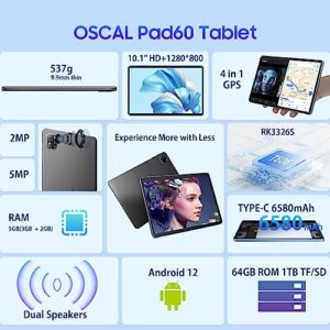 OSCAL 2023 Newest Android 12 Tablet, 10.1 Inch Tablets with 64GB ROM 1TB Expand, 25W/6580mAh Fast Charging, 800 x 1080p HD IPS Touch Screen, 2+5MP Dual Camera, WiFi, BT, Google Certified, Blue