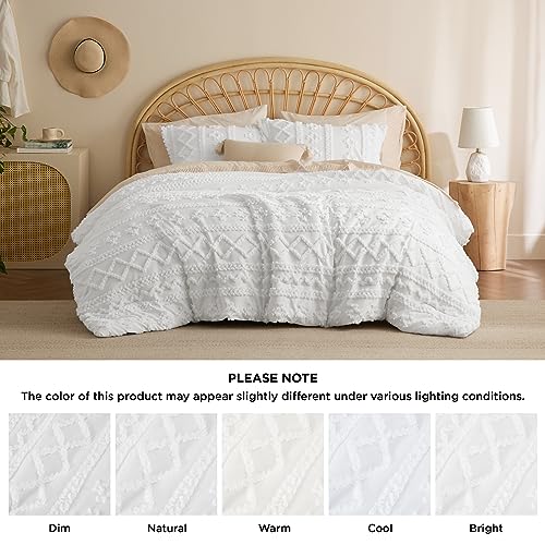 Bedsure Tufted Boho Comforter Set Queen - White Boho Bedding Comforter Set, 3 Pieces Farmhouse Shabby Chic Embroidery Bed Set, Soft Jacquard Comforter for Women Men Girls