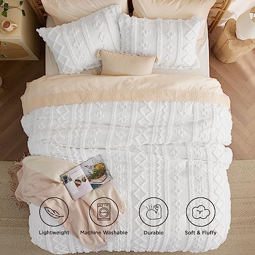 Bedsure Tufted Boho Comforter Set Queen - White Boho Bedding Comforter Set, 3 Pieces Farmhouse Shabby Chic Embroidery Bed Set, Soft Jacquard Comforter for Women Men Girls