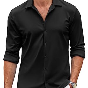 COOFANDY Men's Long Sleeve Button Down Shirts Stretchy Business Casual Shirt Black