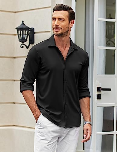 COOFANDY Men's Long Sleeve Button Down Shirts Stretchy Business Casual Shirt Black