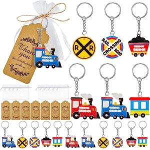 inbagi 24 pcs train theme party keychains for kids silicone train keychains train party favors train birthday party decorations with organza bag and thank you kraft tag for birthday party gift