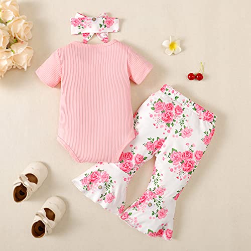 Tokidaring Infant Baby Girl Romper Bodysuit Tops Flared Bell Bottom Pants Cute Summer Outfits with Headband 3-6M Pink