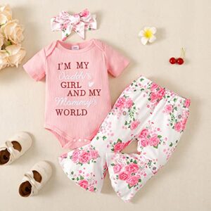 Tokidaring Infant Baby Girl Romper Bodysuit Tops Flared Bell Bottom Pants Cute Summer Outfits with Headband 3-6M Pink