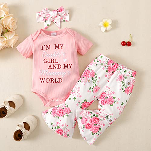 Tokidaring Infant Baby Girl Romper Bodysuit Tops Flared Bell Bottom Pants Cute Summer Outfits with Headband 3-6M Pink