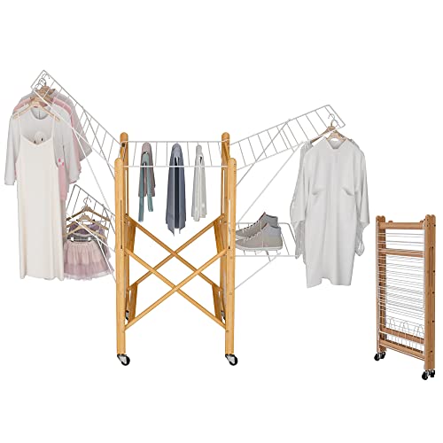 tonchean Collapsible Drying Racks for Laundry with Wheels, Heavy Duty Commercial Foldable Laundry Drying Rack Wooden Clothes Drying Rack Free Standingwith Adjustable Iron Wings