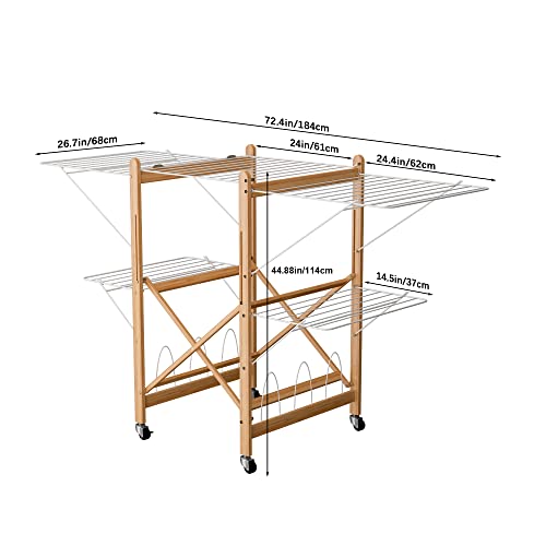 tonchean Collapsible Drying Racks for Laundry with Wheels, Heavy Duty Commercial Foldable Laundry Drying Rack Wooden Clothes Drying Rack Free Standingwith Adjustable Iron Wings