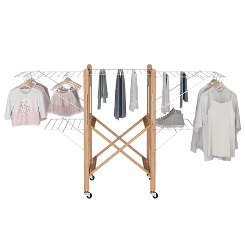 tonchean Collapsible Drying Racks for Laundry with Wheels, Heavy Duty Commercial Foldable Laundry Drying Rack Wooden Clothes Drying Rack Free Standingwith Adjustable Iron Wings